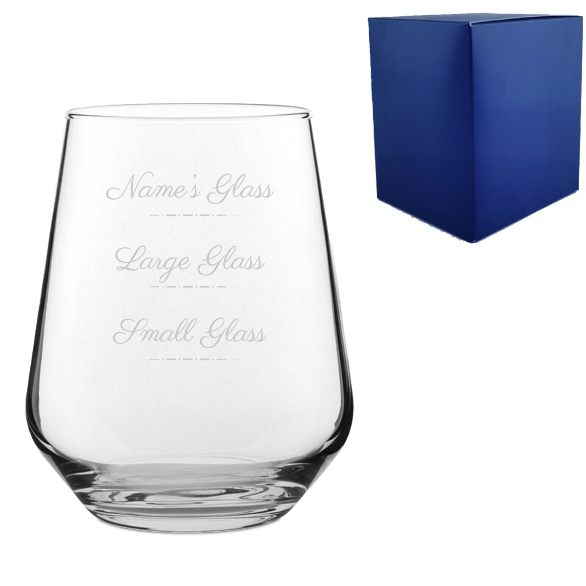 Buy Personalised Engraved Stemless Allegra Wine Glass with Name's Glass Script Measurements ...