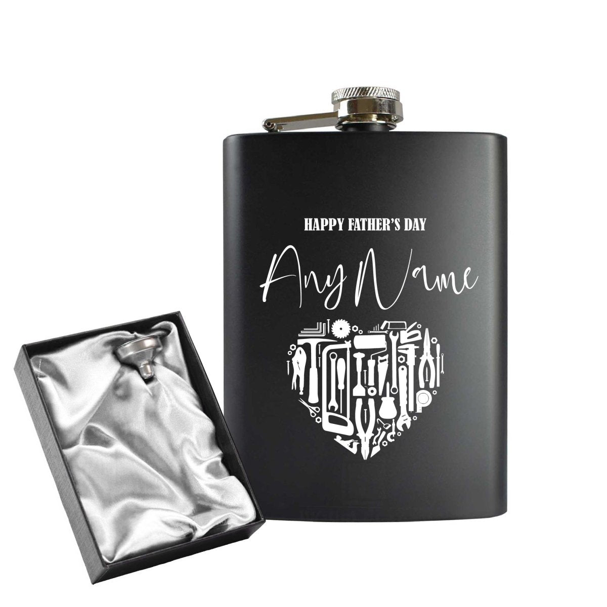 Engraved 8oz Black Hip flask with Fathers day Tool Heart - Gifts Finder