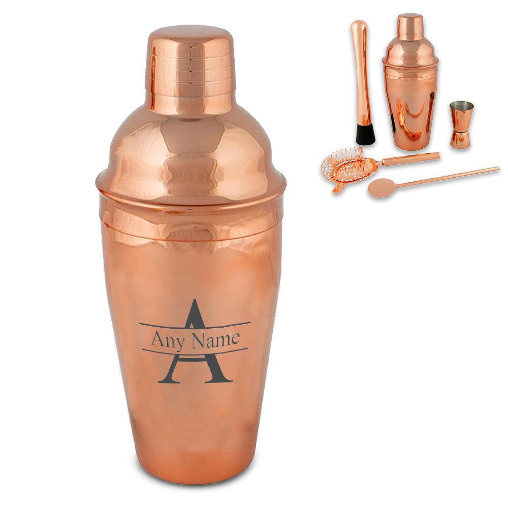 Buy Engraved Rose Gold Cocktail Shaker Set with Initial and Name Design ...