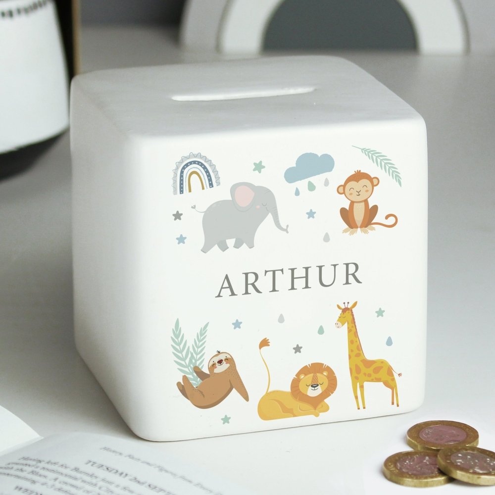 Buy Personalised Safari Animals Ceramic Square Moneybox from £12.49 ...