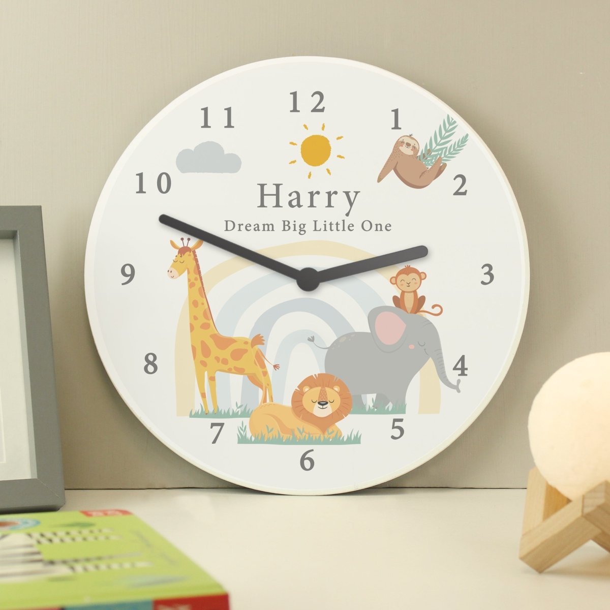 Personalised Safari Animals Wooden Nursery Clock - Personalised Wooden ...